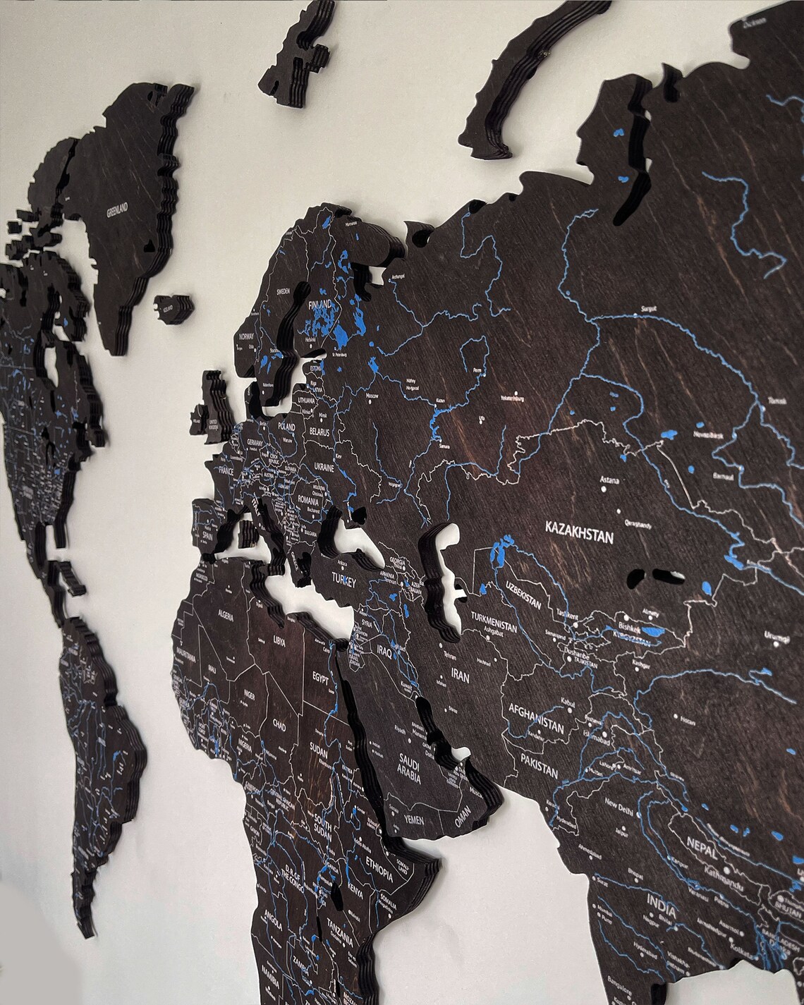 Wooden Wall Map With Cities and Rivers Wooden World Map With Print Wall ...