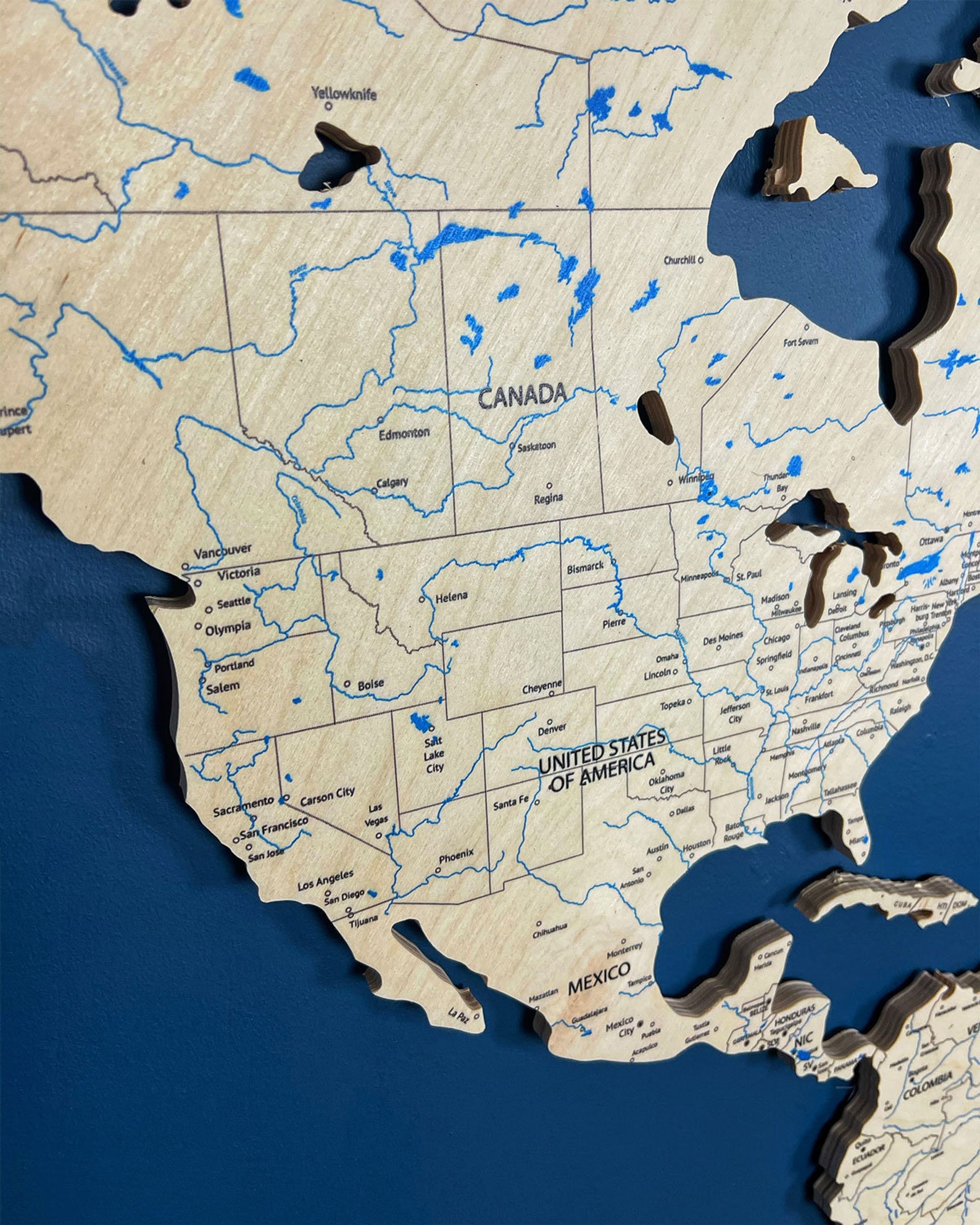 Wooden Wall Map With Cities and Rivers Wooden World Map With Print Wall ...
