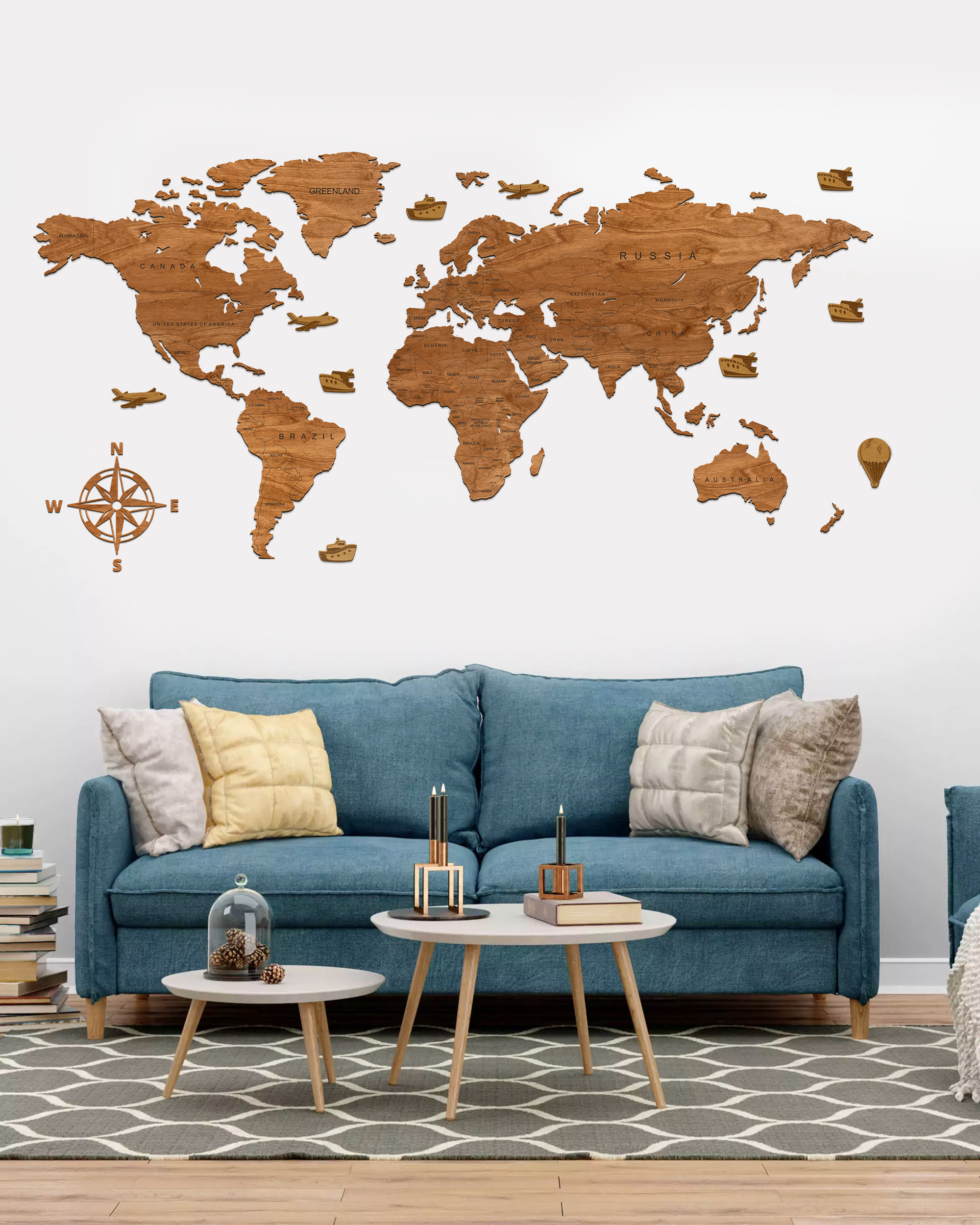 Wooden Wall Map Wooden Map of the World Wind Rose Frames | Etsy