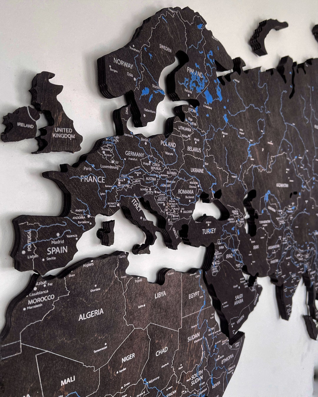 Buy Wooden Wall Map With Cities and Rivers Wooden World Map With Print ...