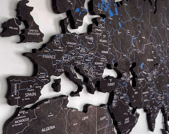 Wooden Wall Map With Cities and Rivers Wooden World Map With Print Wall ...