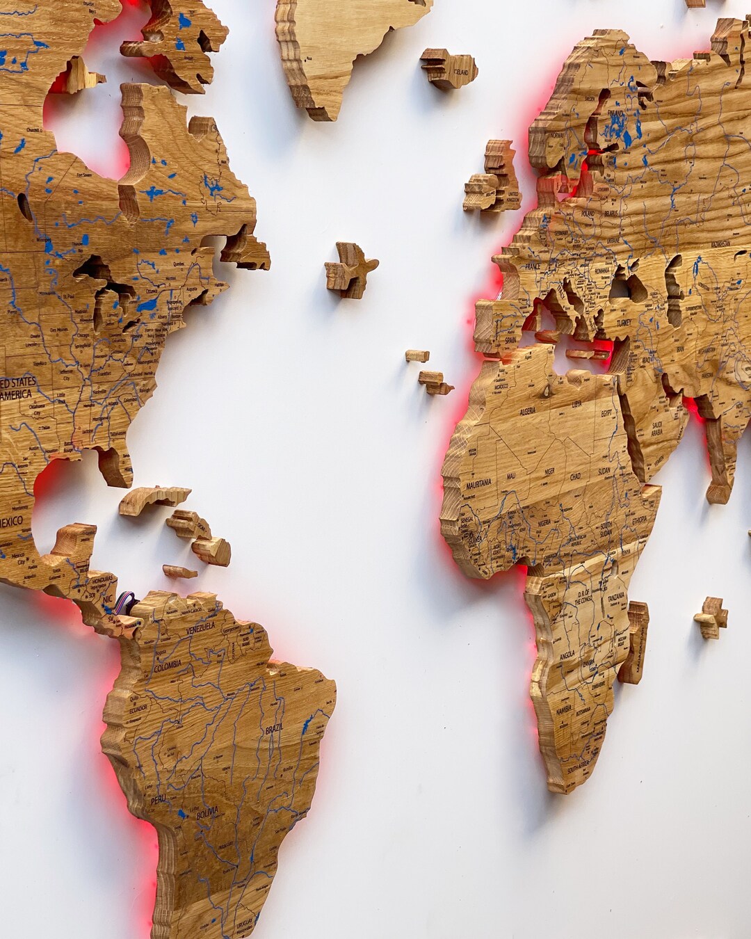 Oak World Map LED Wall Art, Home Wall Decor, Wooden Map of the World ...