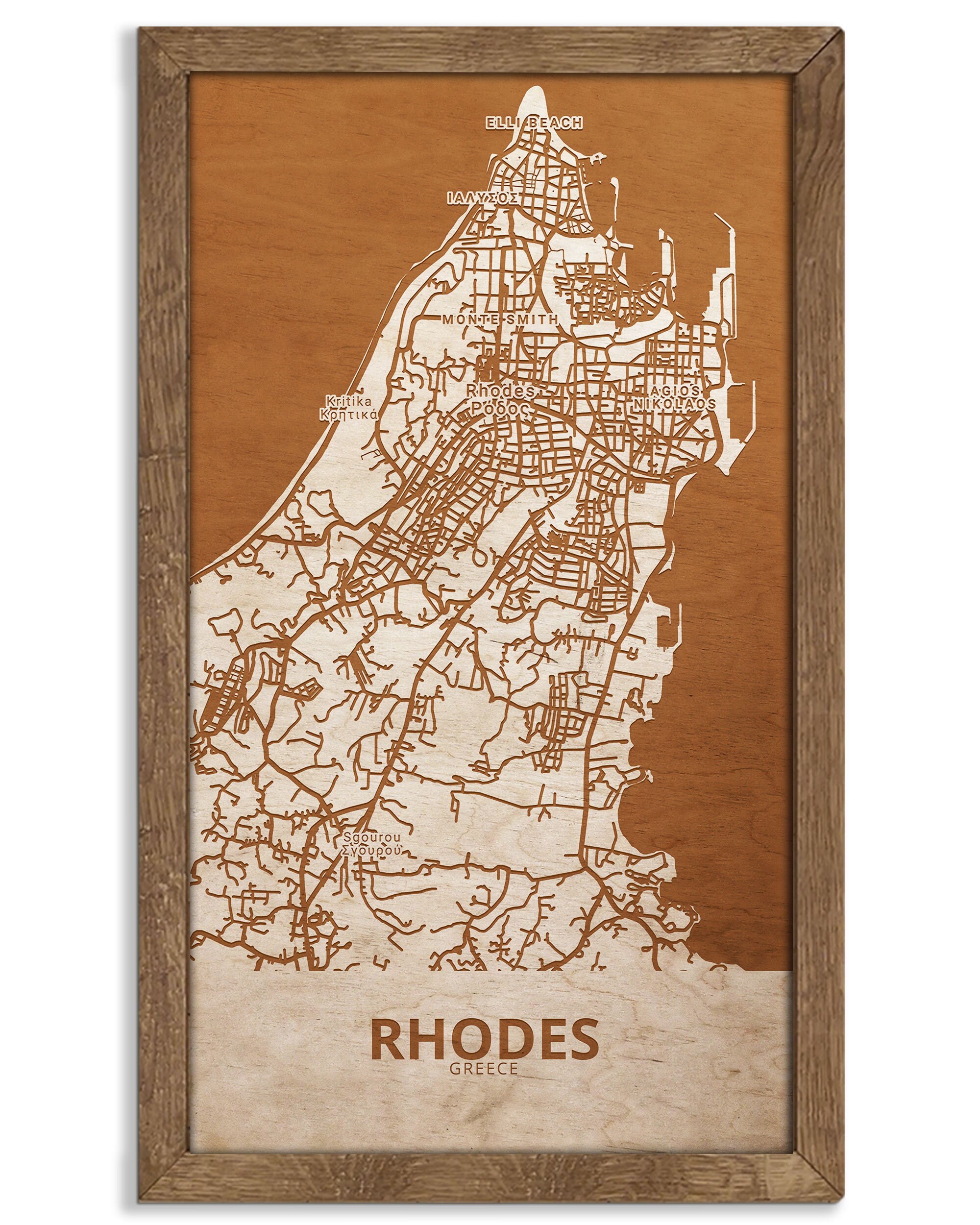 Rhodes City Map Wall Art Rhodes Engraved Wood Map Wall - Etsy