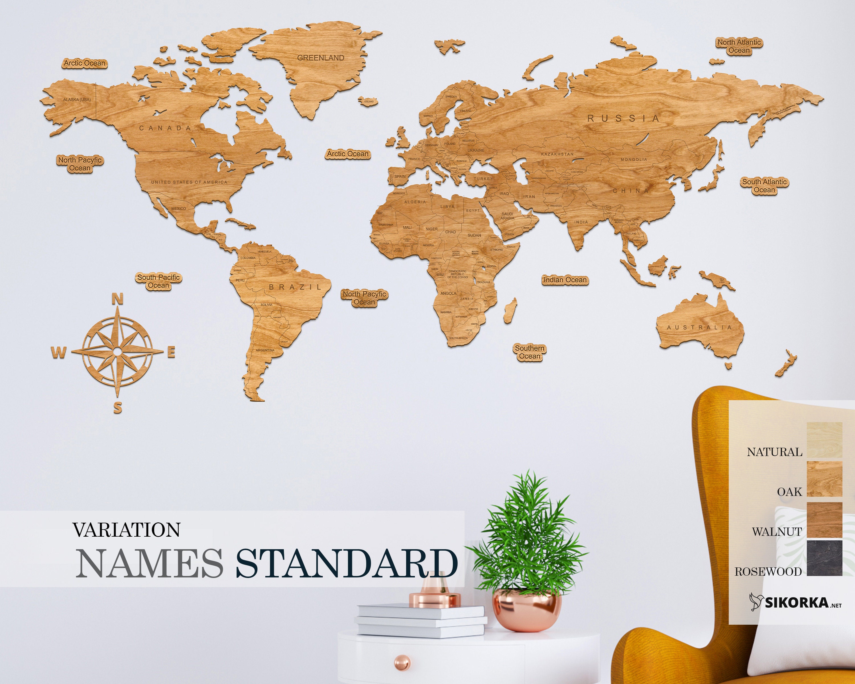 Wooden Wall Map Wooden Map of the World Wind Rose Frames | Etsy