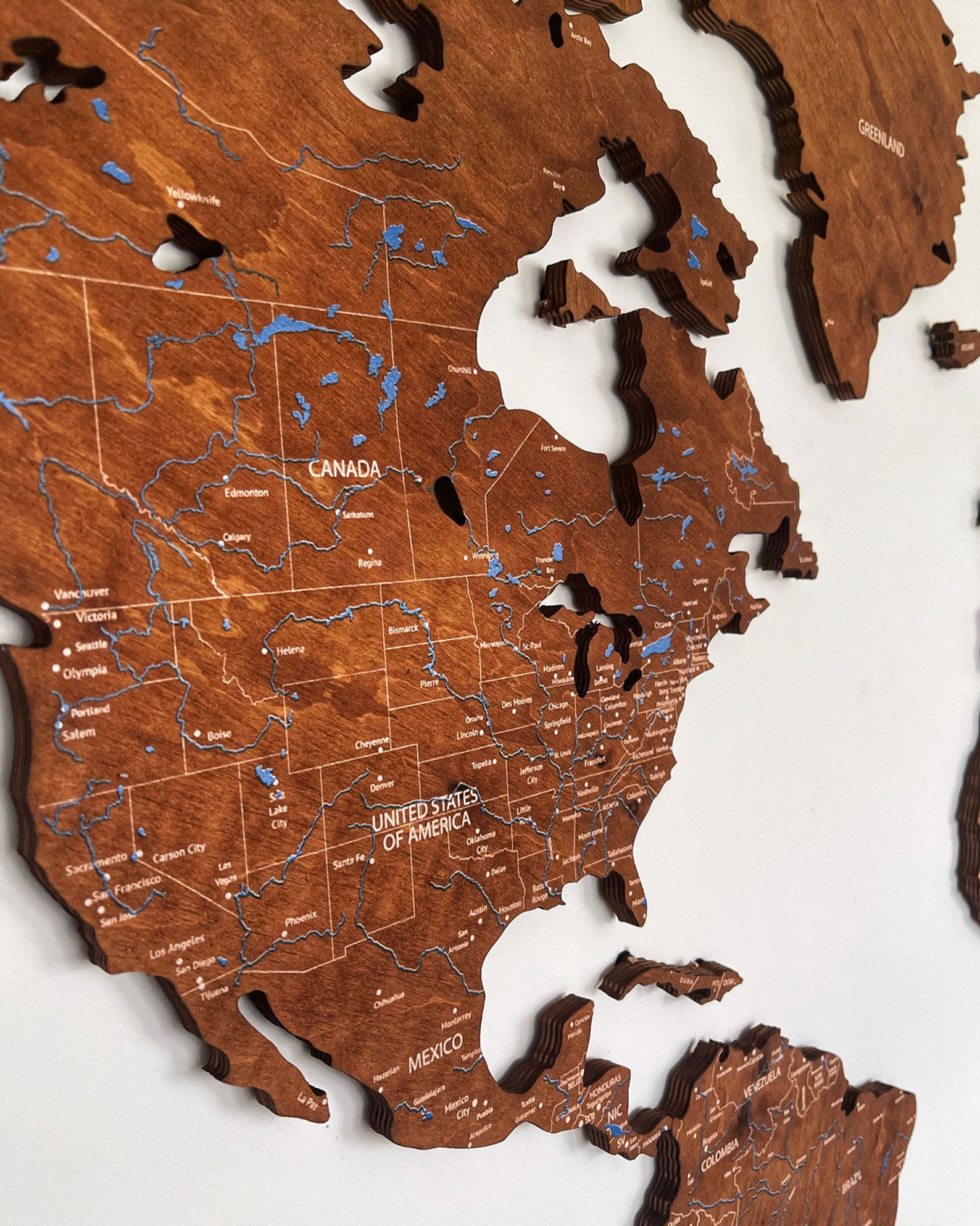 Wooden Wall Map With Cities and Rivers Wooden World Map With Print Wall ...