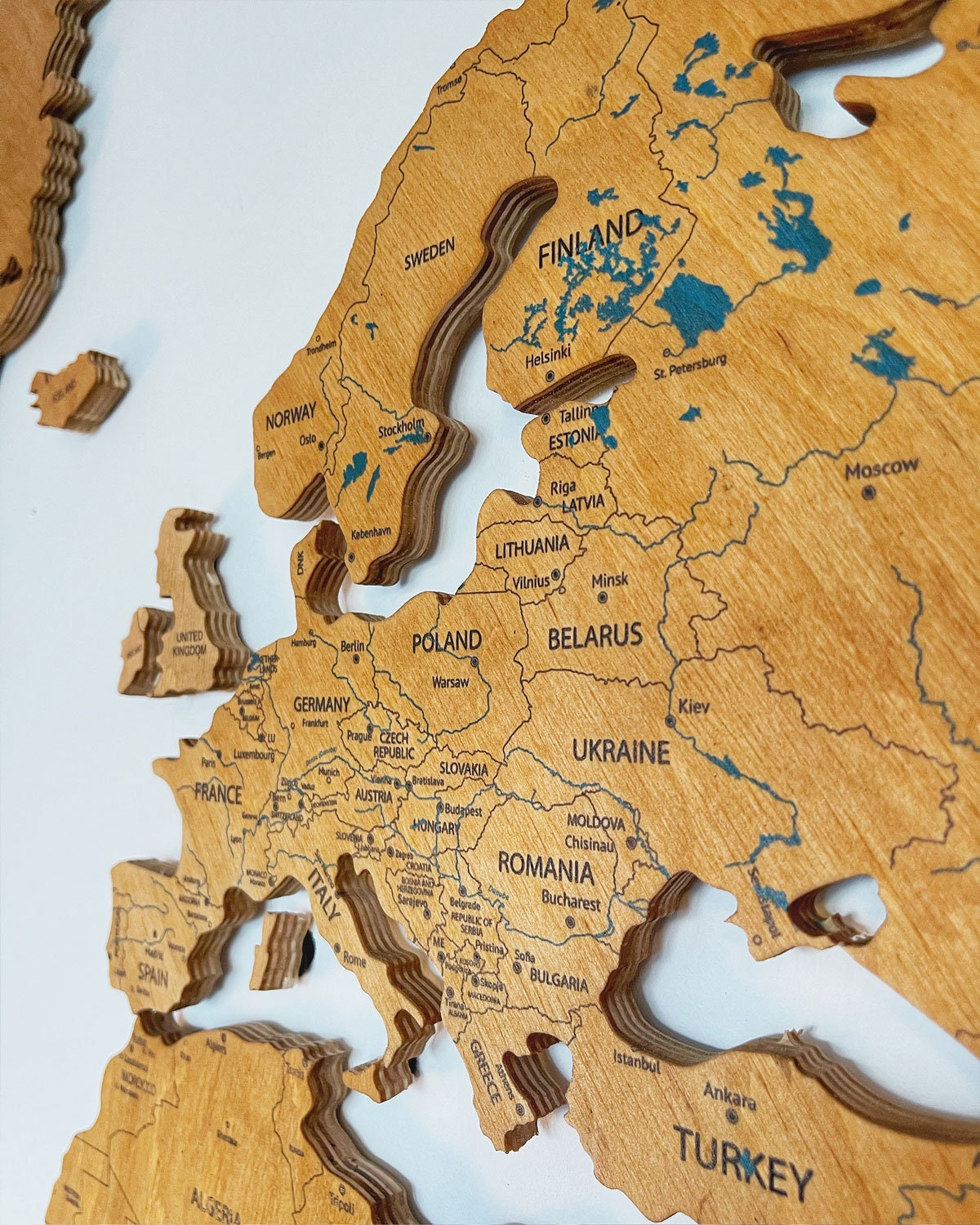 Wooden Wall Map With Cities and Rivers Wooden World Map With Print Wall ...