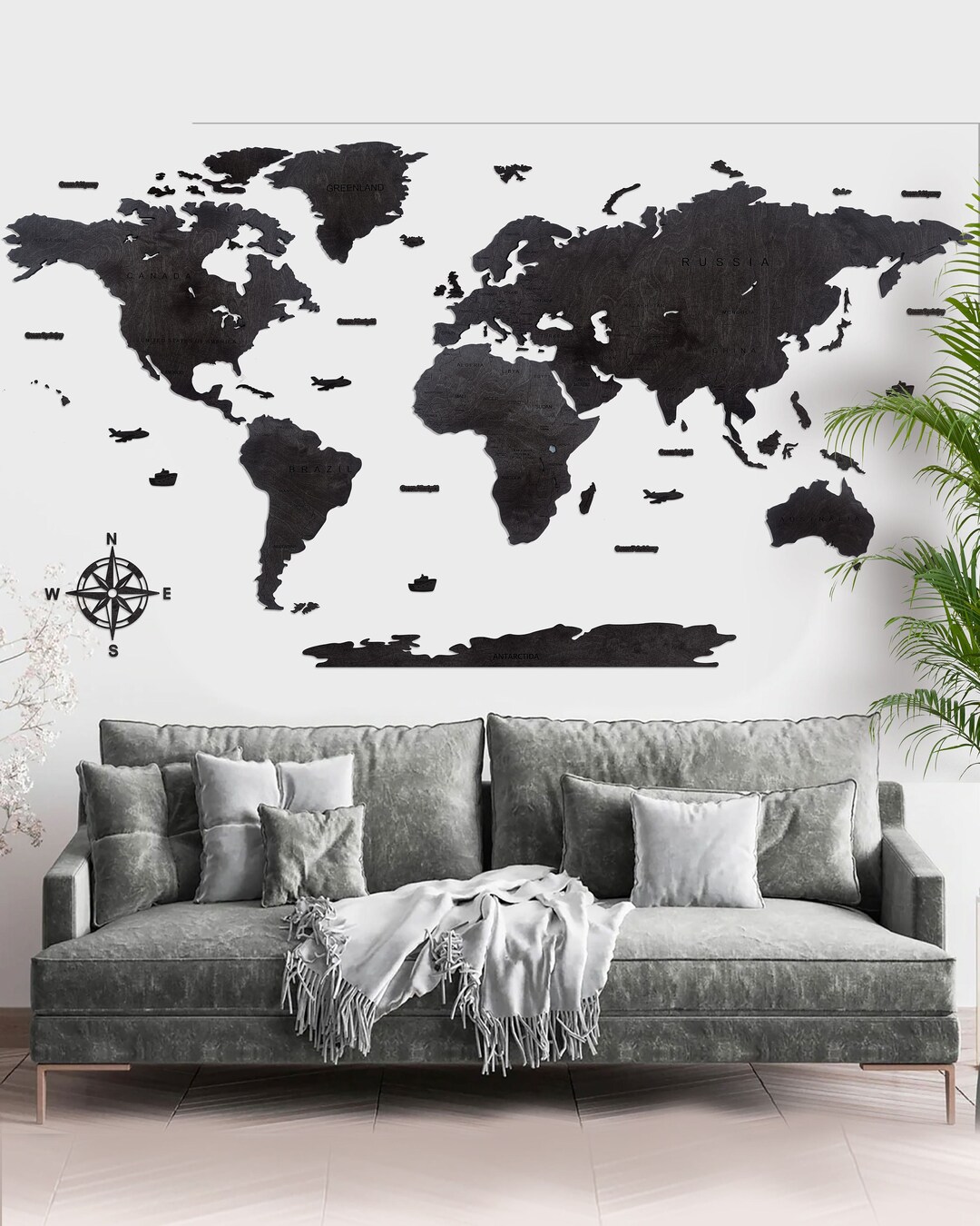 Wooden Wall Map | Wooden Map of the World | Wind Rose | Frames | Wall ...