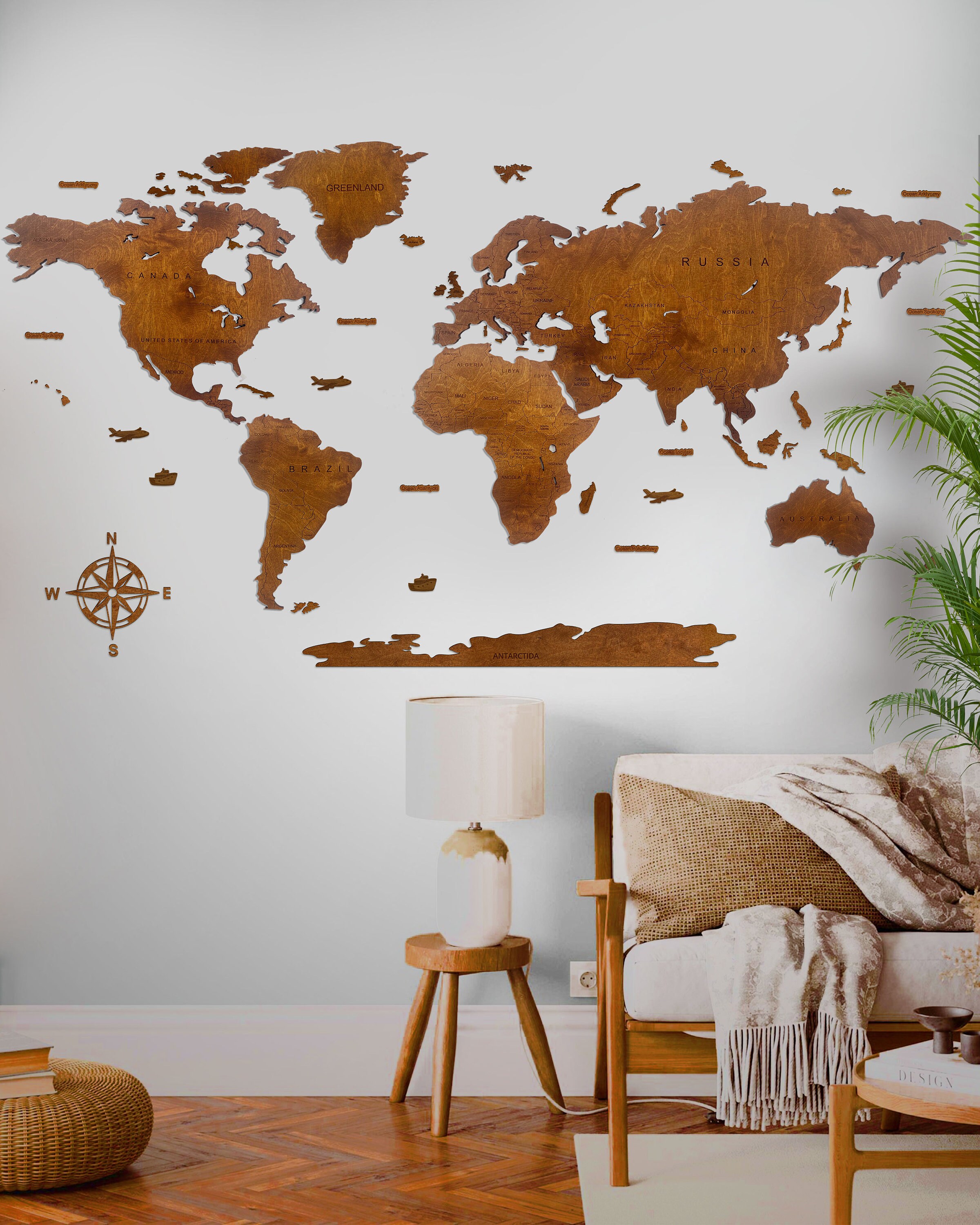 Wooden World Map Wood Wall Art Home Decor 5th Anniversary Push - Etsy