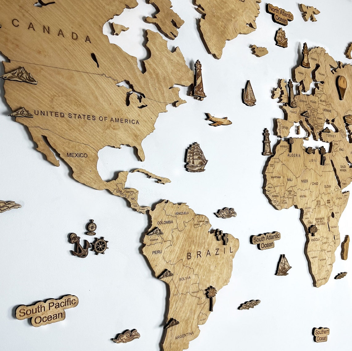 Wooden Wall Map Wooden Map of the World Wind Rose Frames | Etsy