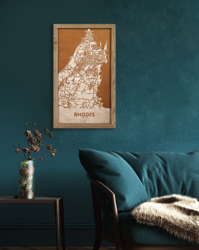 Rhodes City Map Wall Art Rhodes Engraved Wood Map Wall - Etsy