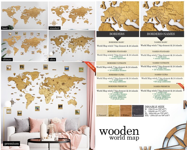 Wooden Wall Map Wooden Map of the World Wind Rose Frames | Etsy
