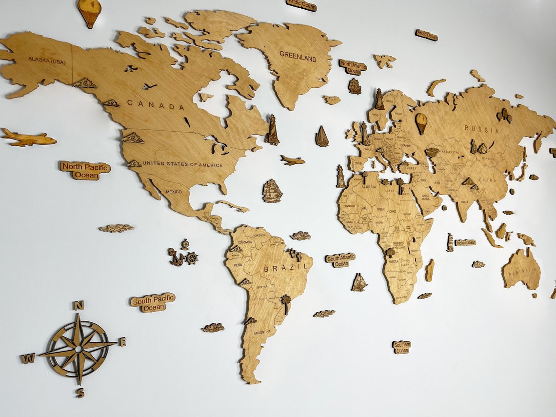 Wooden Wall Map Wooden Map of the World Wind Rose Frames | Etsy