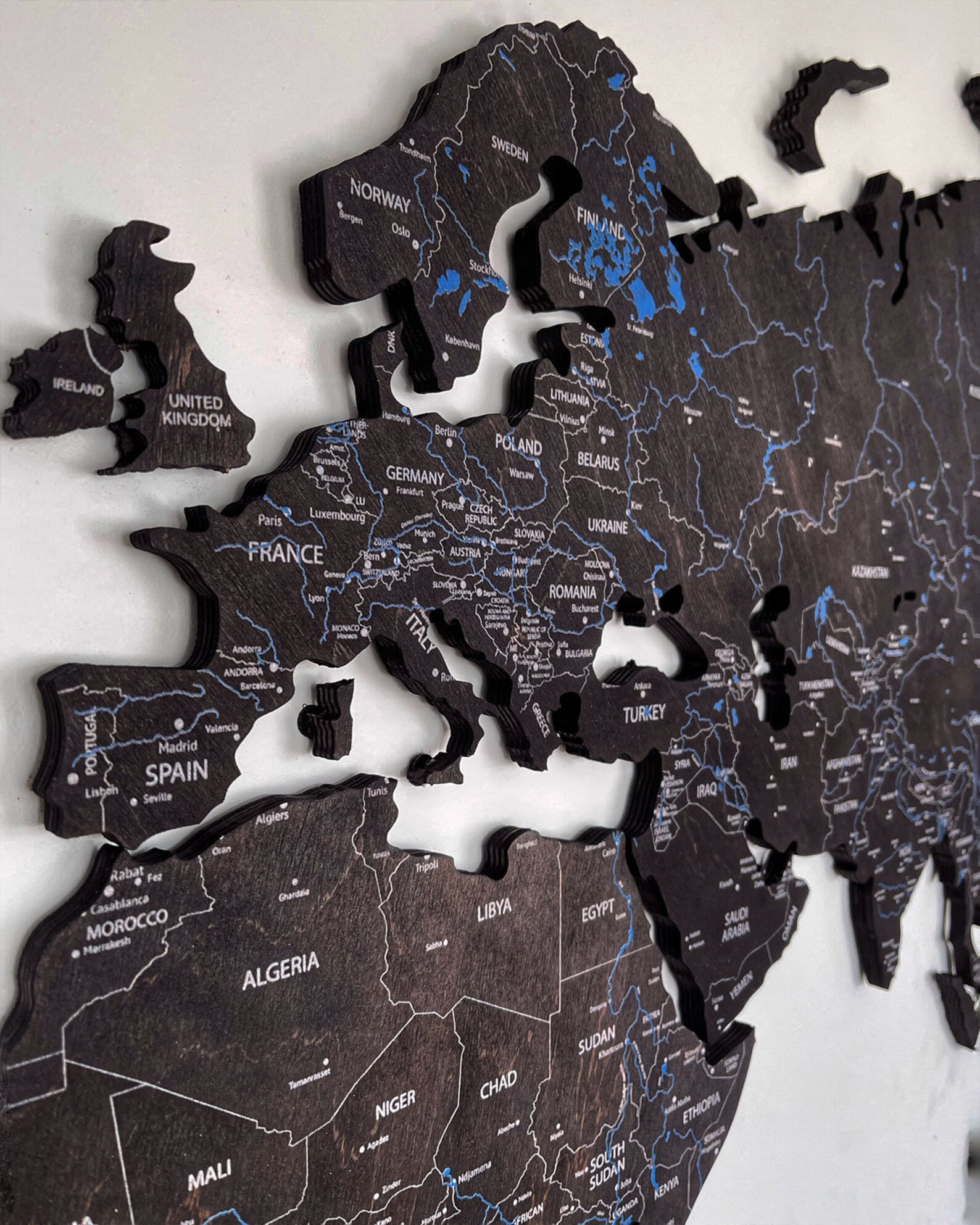 Wooden Wall Map With Cities and Rivers Wooden World Map With Print Wall ...