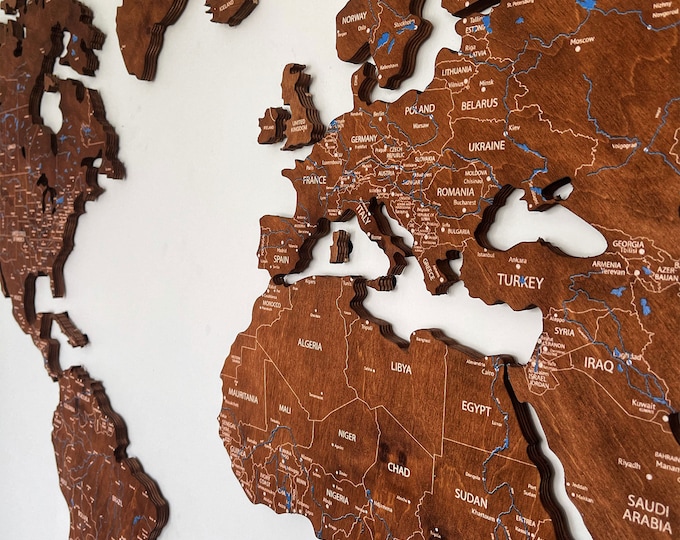 Wooden Wall Map With Cities and Rivers Wooden World Map With Print Wall ...