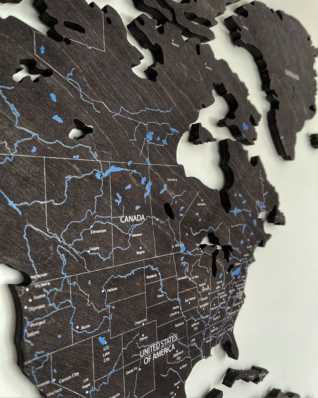 Wooden Wall Map With Cities and Rivers Wooden World Map With Print Wall ...