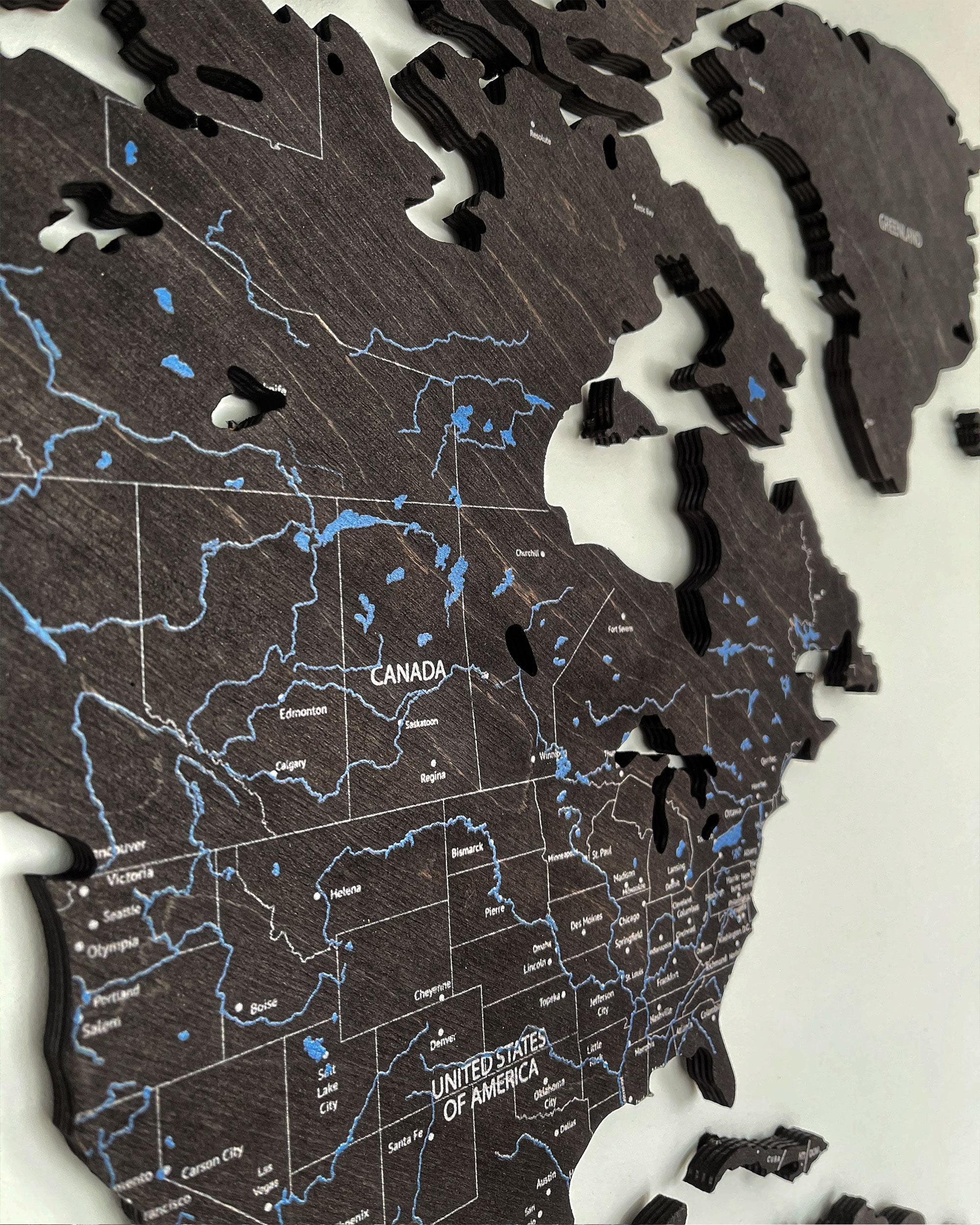 Wall Hangings Wooden Wall Map with Cities and Rivers Wooden World Map ...