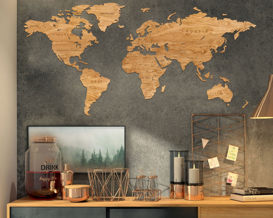 Wooden Wall Map Wooden Map of the World Wind Rose Frames | Etsy Canada