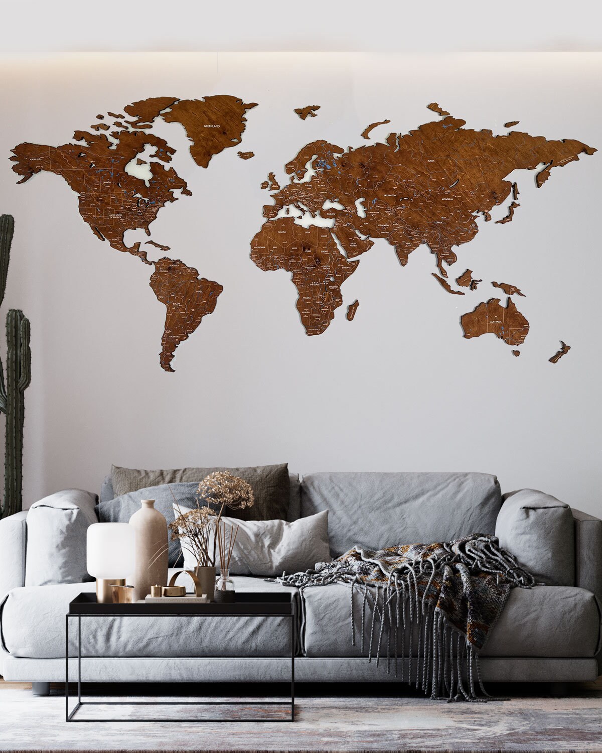 Wooden Wall Map With Cities and Rivers Wooden World Map With Print Wall ...