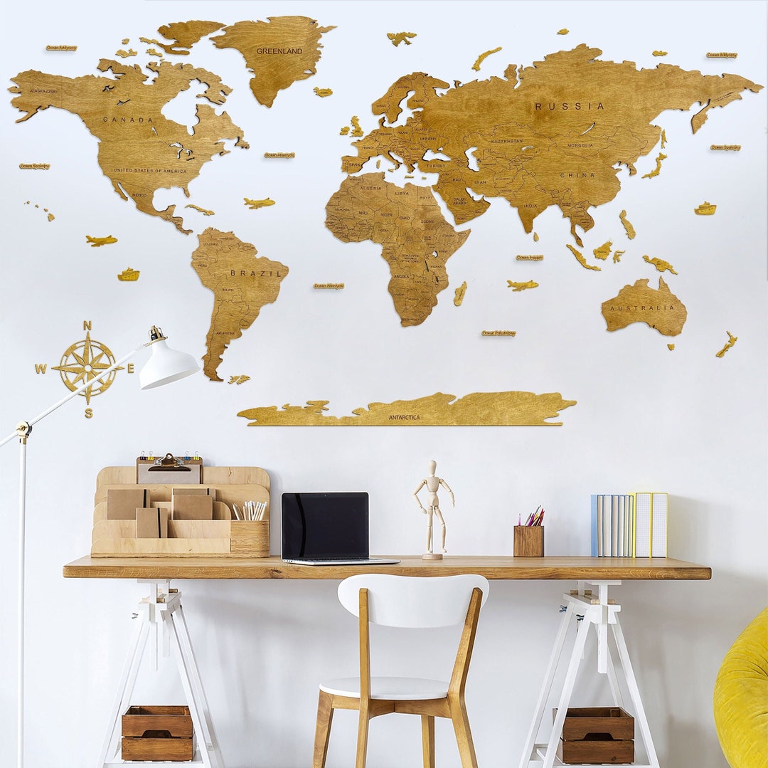 Wooden Wall Map Wooden Map of the World Wind Rose Frames Wall Map ...