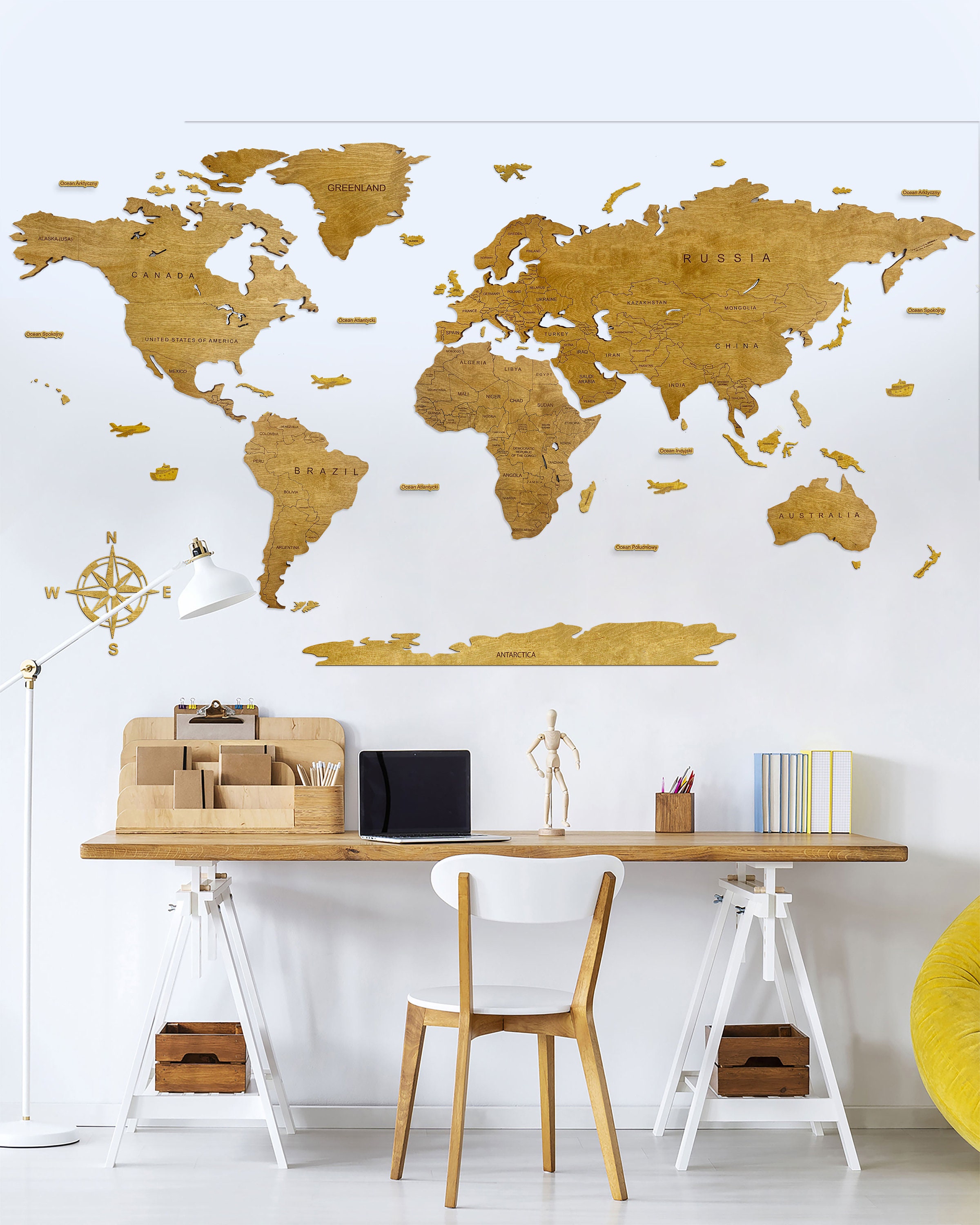 Wooden Wall Map Wooden Map of the World Wind Rose Frames - Etsy