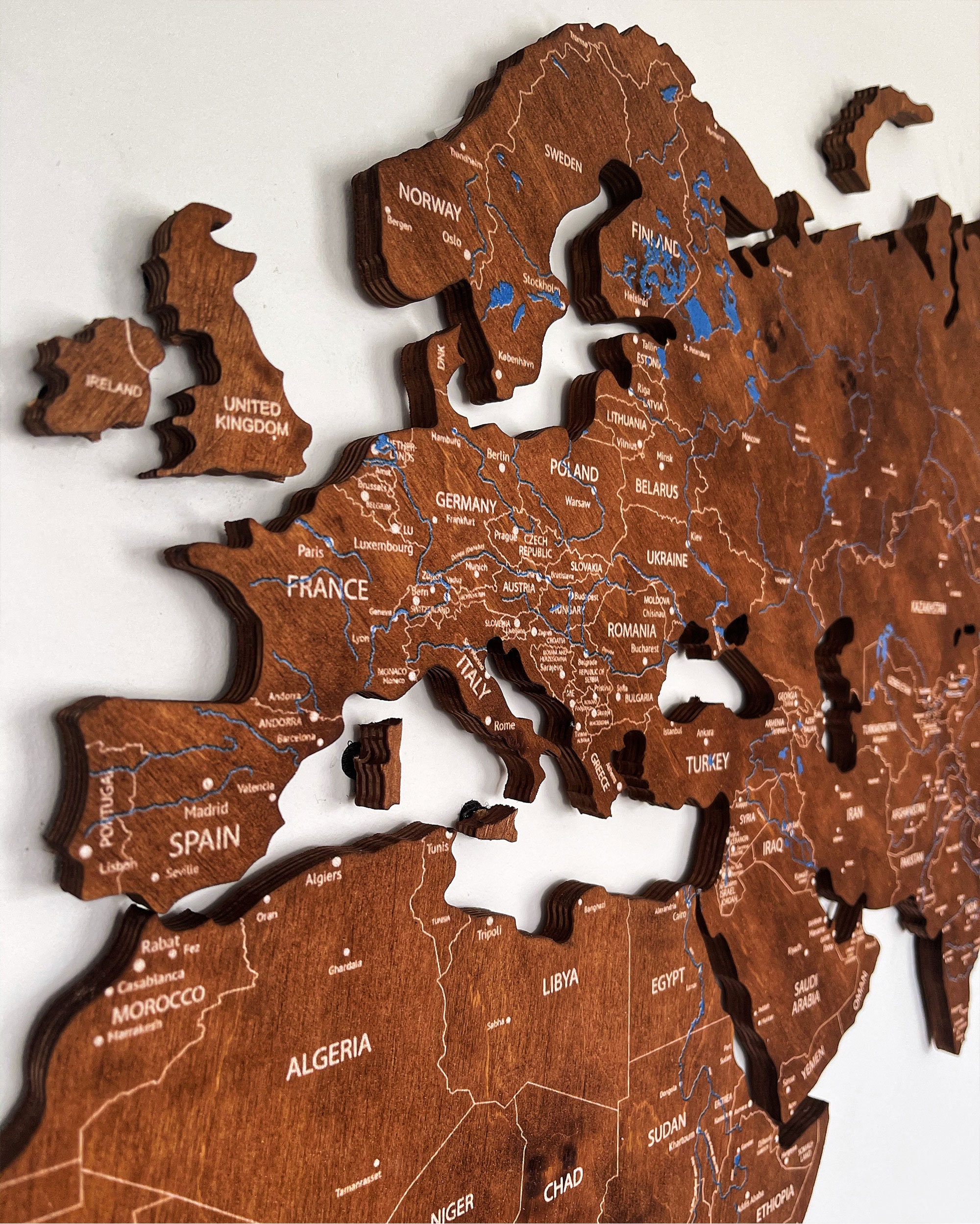 Wooden Wall Map With Cities and Rivers Wooden World Map With Print Wall ...