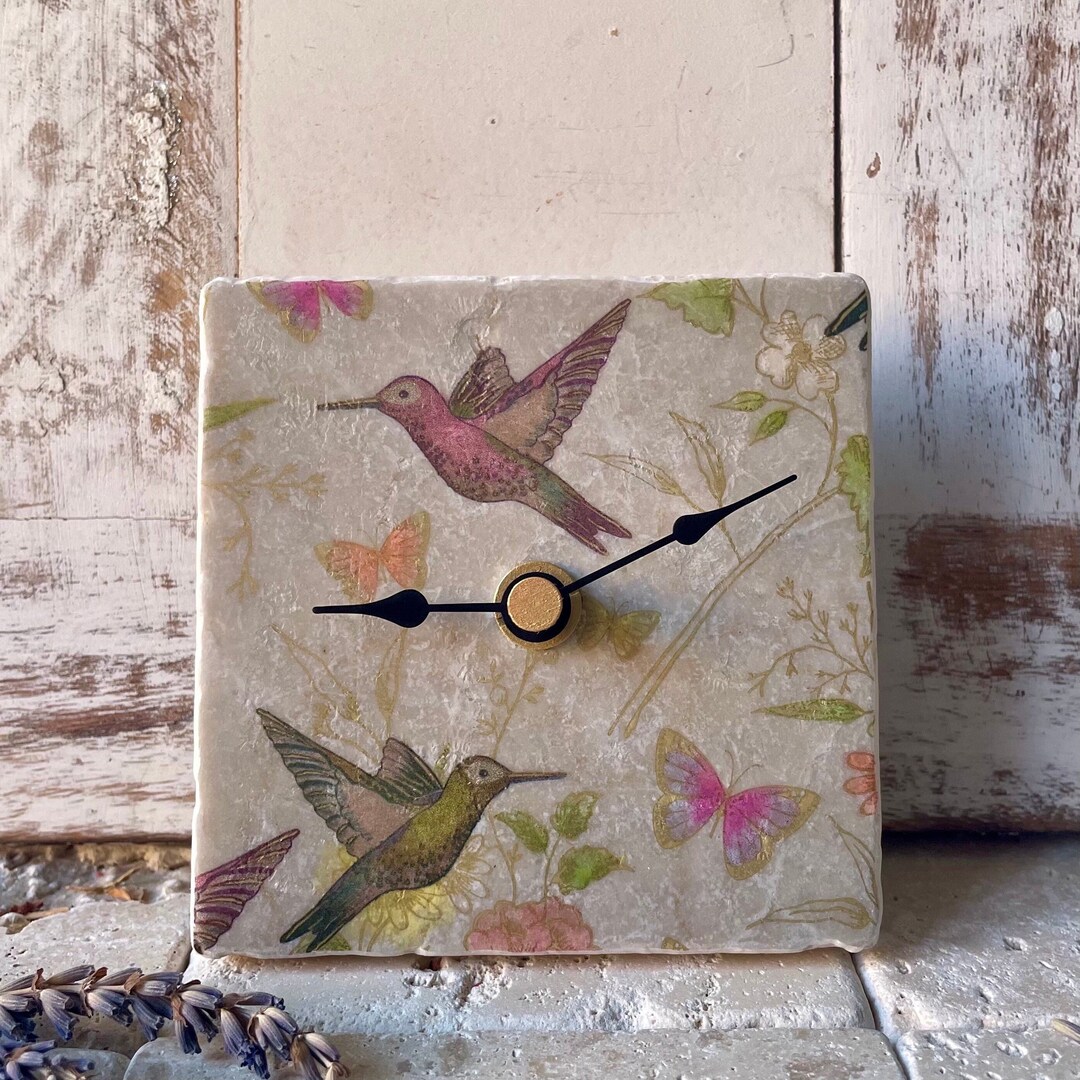 Antique Marble, Tile Clock, Wall Clock Upcycling kolibri Gift for Mom ...