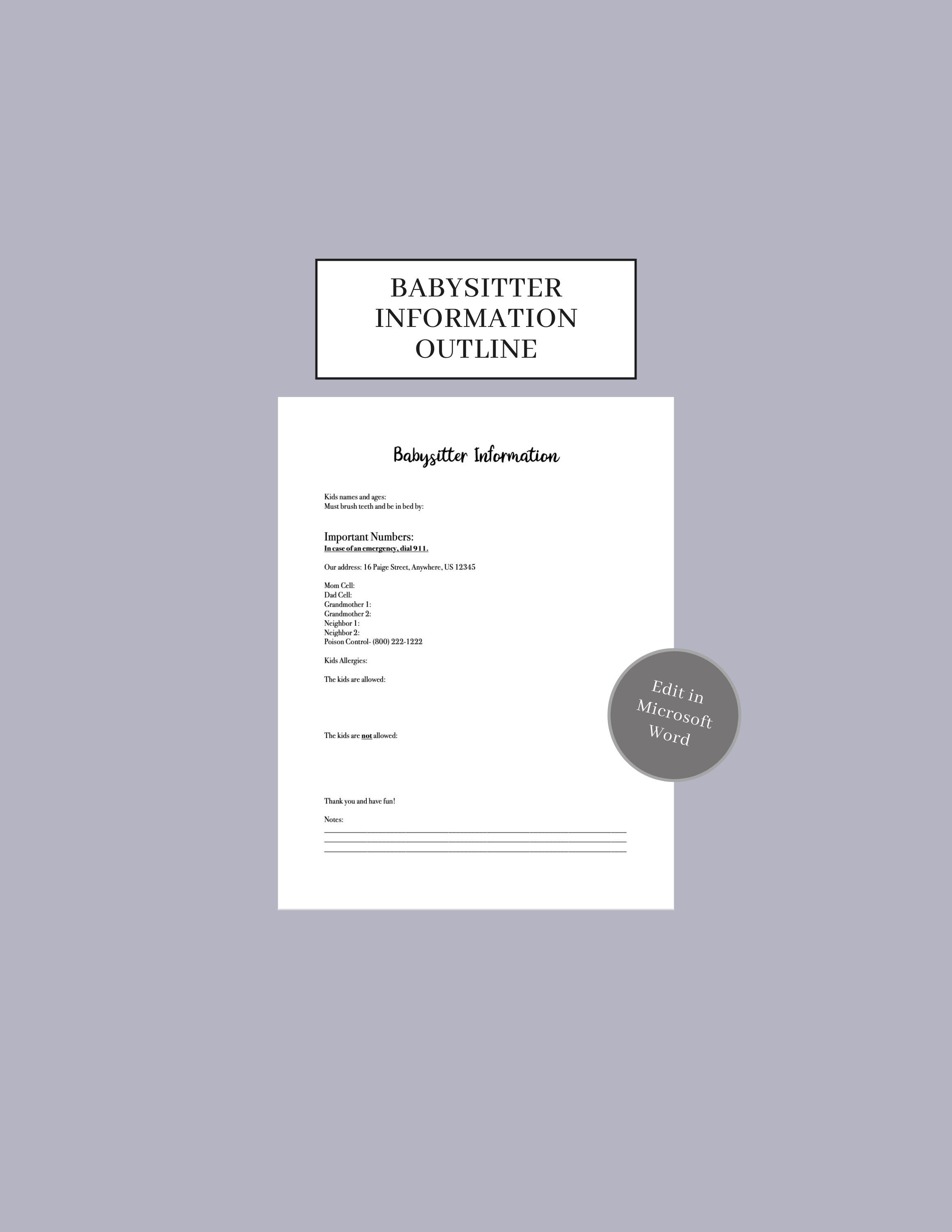 Digital Babysitter Information Template Night Out Kids Information ...