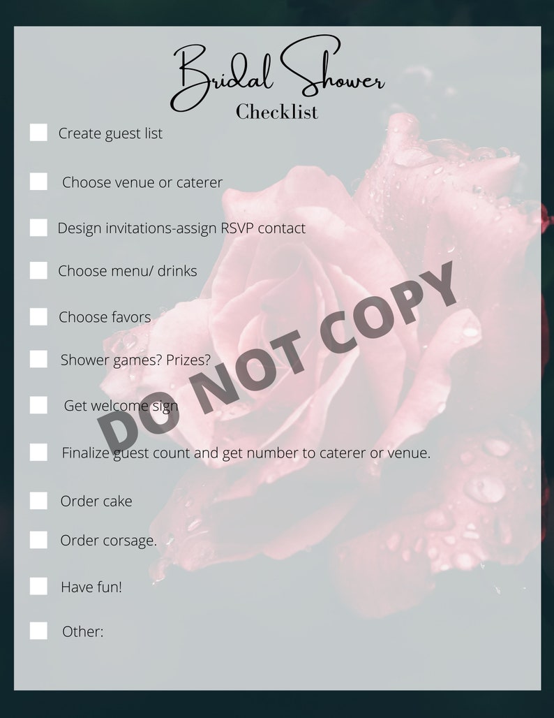 Rose Bridal Shower Checklist Customizable 8.5x11 Template | Etsy