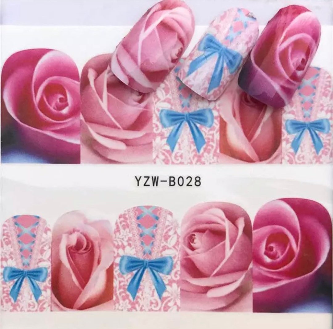 Water Transfer Nail Stickers Nail Decals Pink Rose And Blue Bow