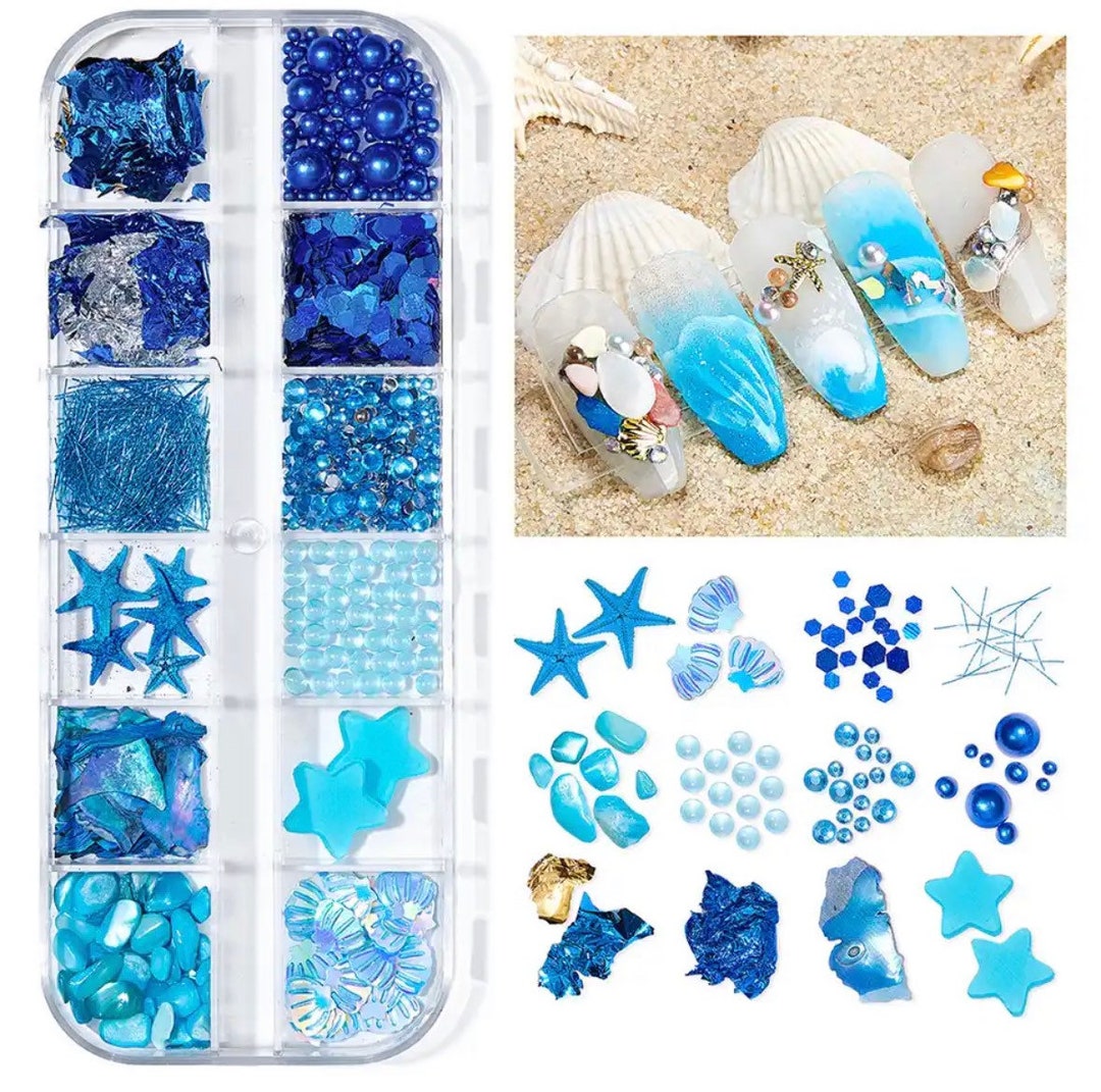 12 Grid Summer Ocean Theme, Nail Charms, Rhinestones, Sequins and Beads ...