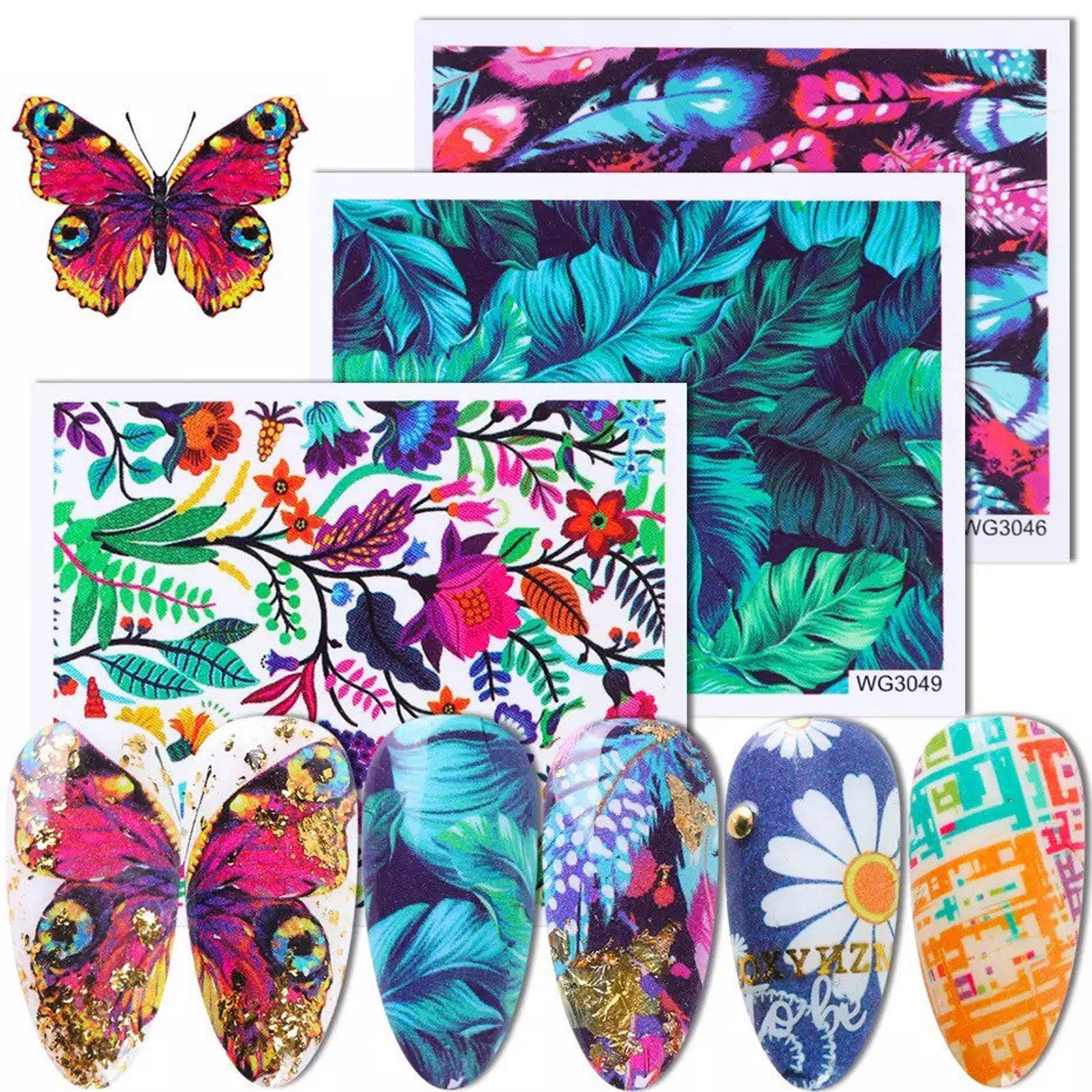 Water Transfer Nail Stickers, Nail Decals, Colourful Botanical Design ...