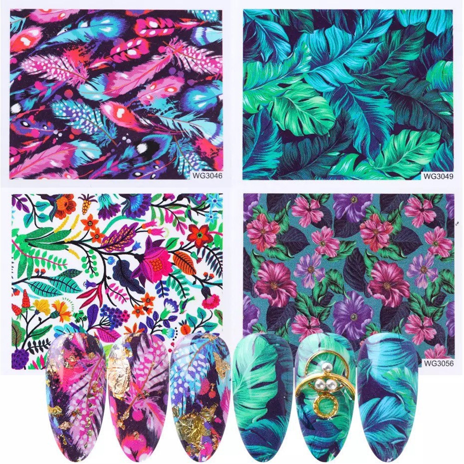 Water Transfer Nail Stickers, Nail Decals, Colourful Botanical Design ...