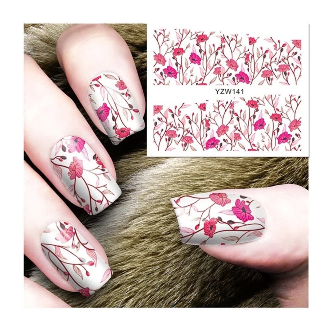 Water Transfer Nail Stickers, Nail Decals, Pink and Flower Design, Pink ...