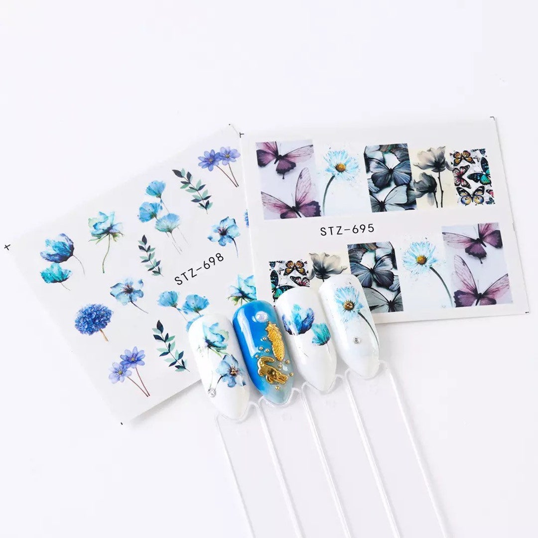 Water Transfer Nail Stickers, Nail Decals, Blue Flower and Butterfly ...