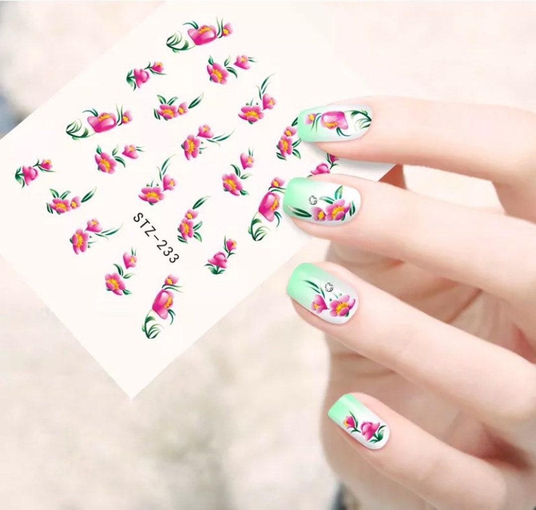 Water Transfer Nail Stickers, Nail Decals, Pink Flower and Green Leaf ...