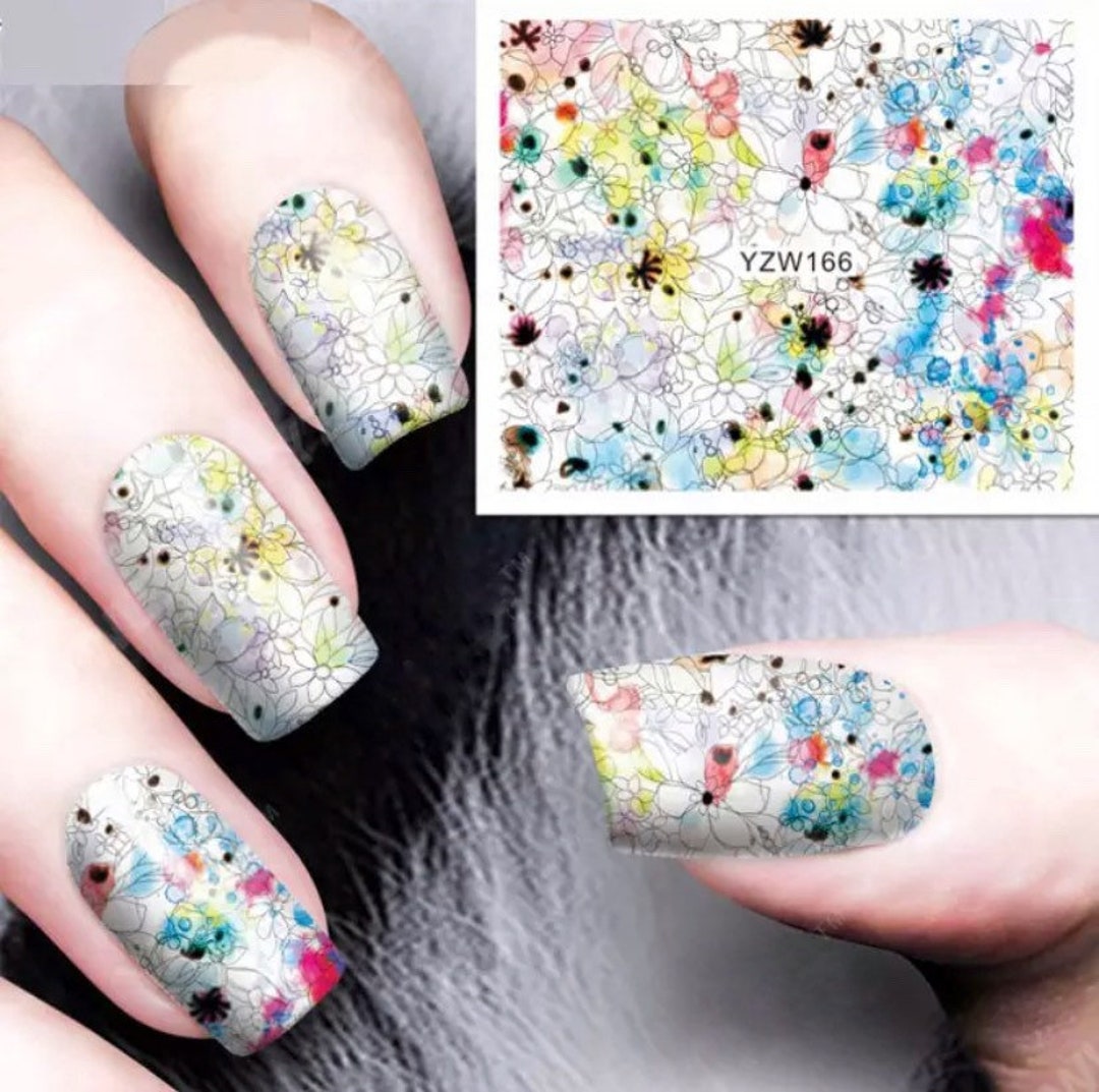 Water Transfer Nail Stickers, Nail Decals, Multicolour Flower Design ...