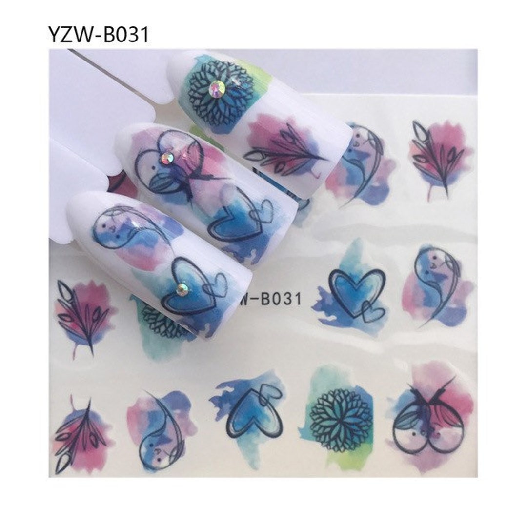 Water Transfer Nail Stickers, Nail Decals, Heart and Plant Design ...