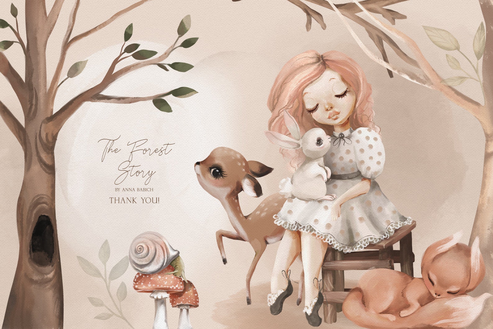 The Forest Story - Woodland Animals, Clipart, Watercolor, Girl, Cute ...
