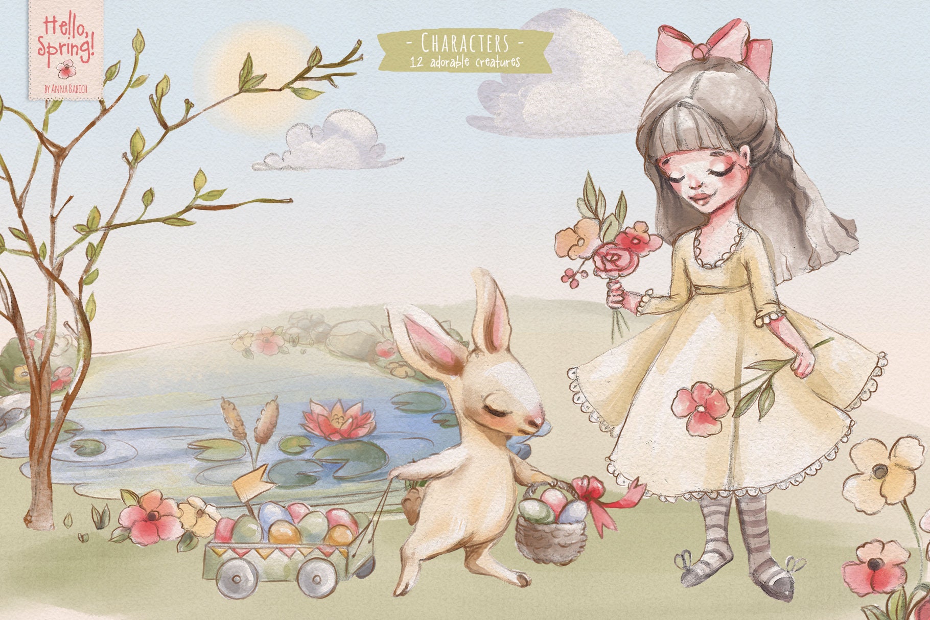 Hello Spring Easter Animals Cute Watercolor Girl - Etsy