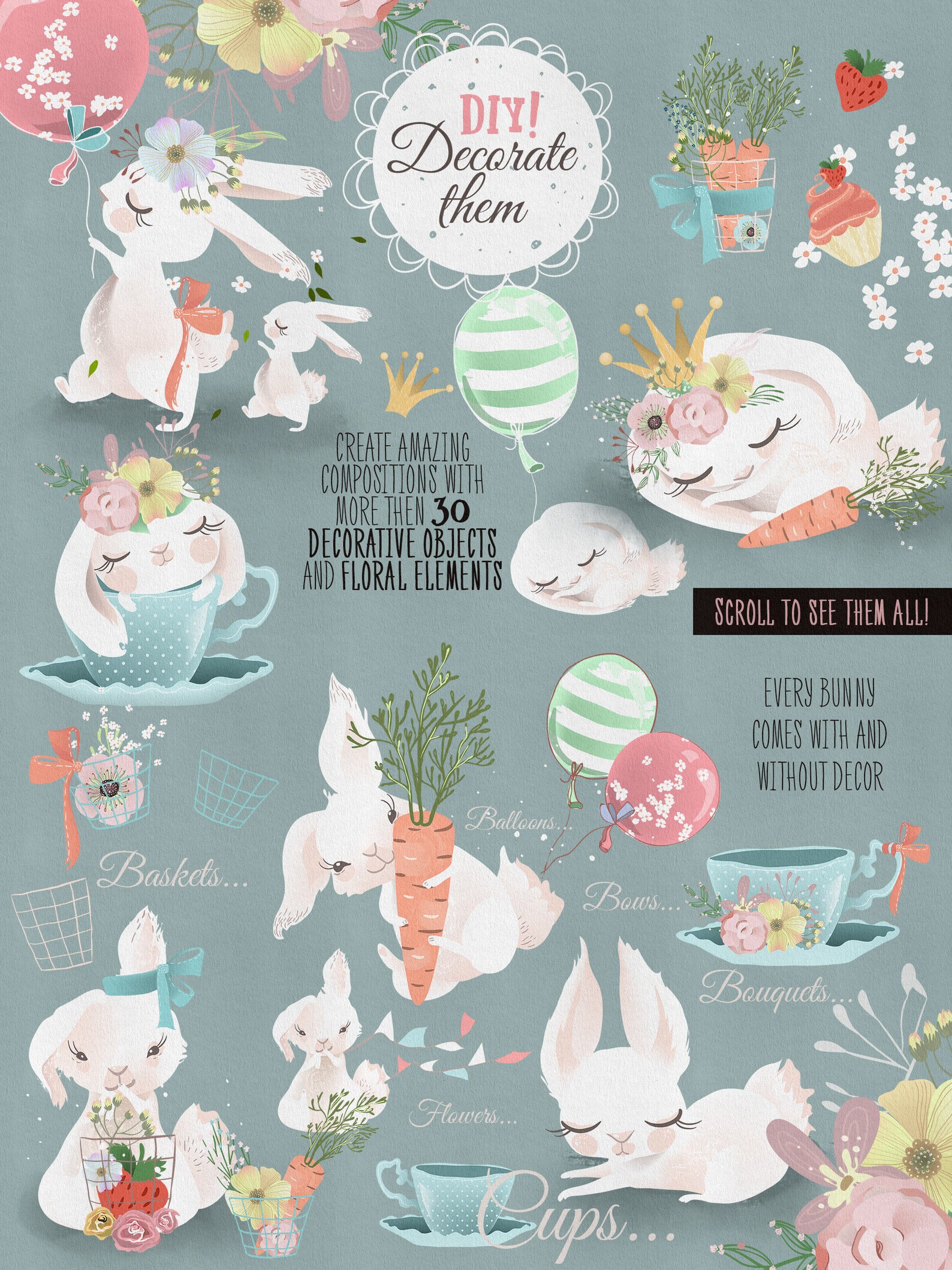 Lovely Bunnies Collection Digital Clipart Bunny Cute | Etsy