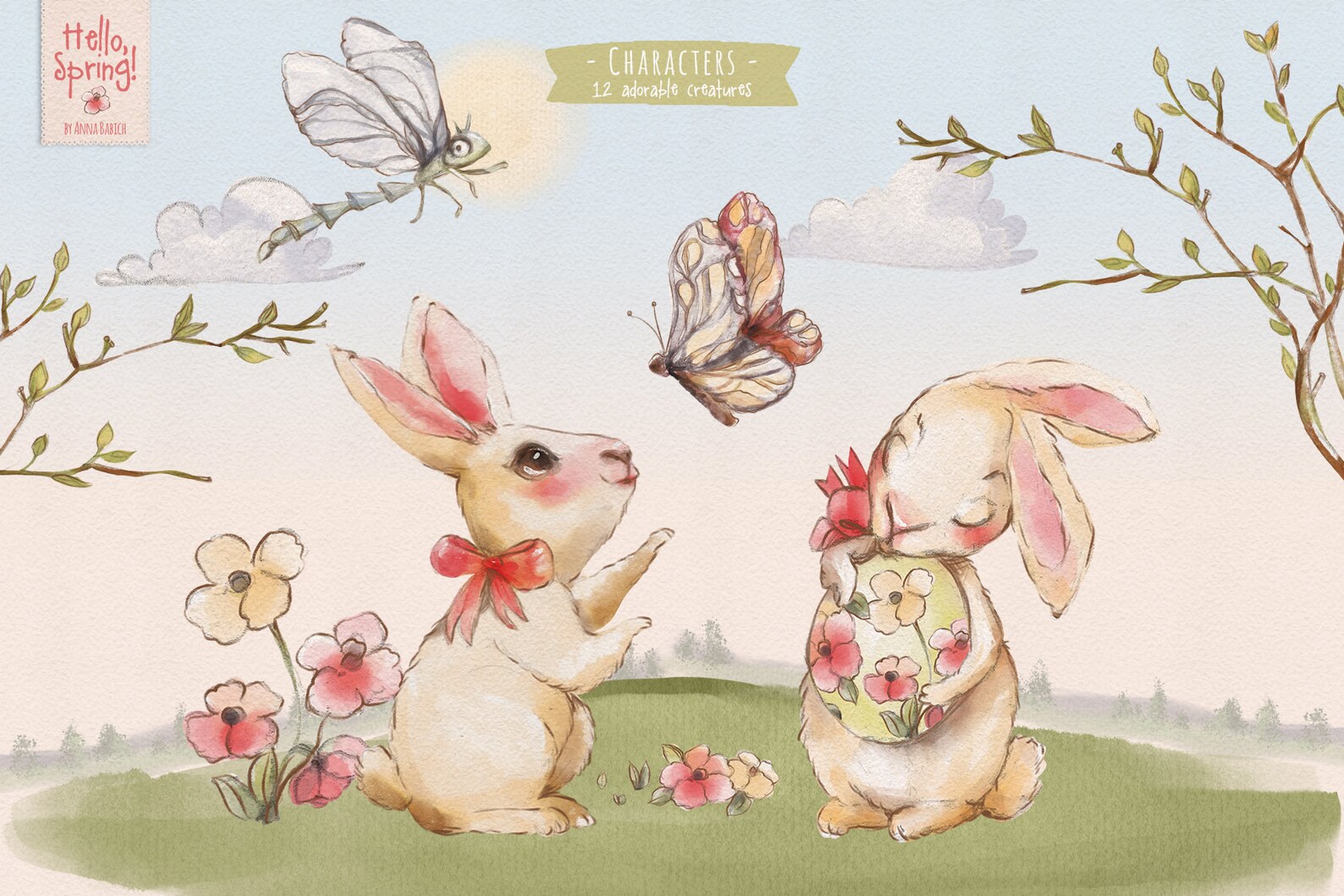 Hello Spring Easter Animals Cute Watercolor Girl - Etsy