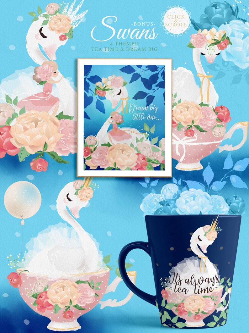 Peony Poem: Tea Time With Swans & Flowers Digital Clipart - Swan, Tea ...