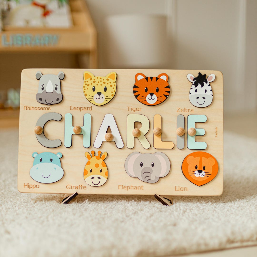 Safari Animal Name Puzzle - Personalized Wooden Puzzle - Montessori Toy ...