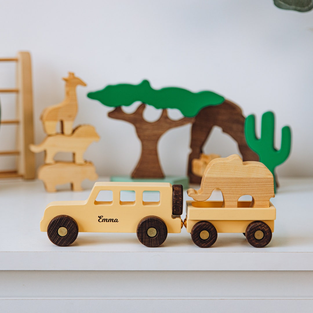 Wooden Safari Play Set Personalized Jeep Toy Car Bulding Blocks for ...