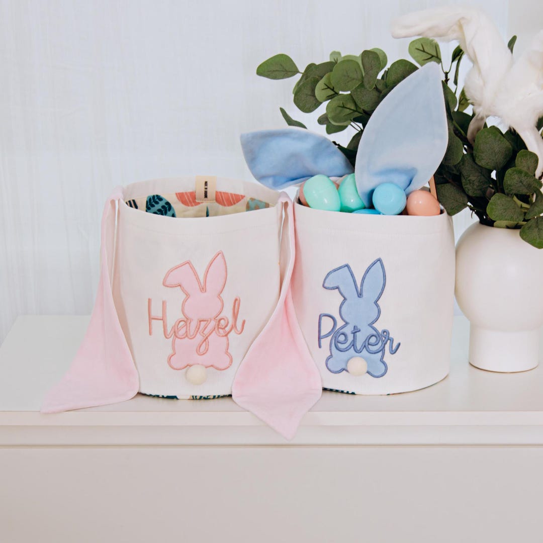 Bunny Egg Basket for Easter Activities Custom Embroidered Easter Personalized Easter Basket With ...