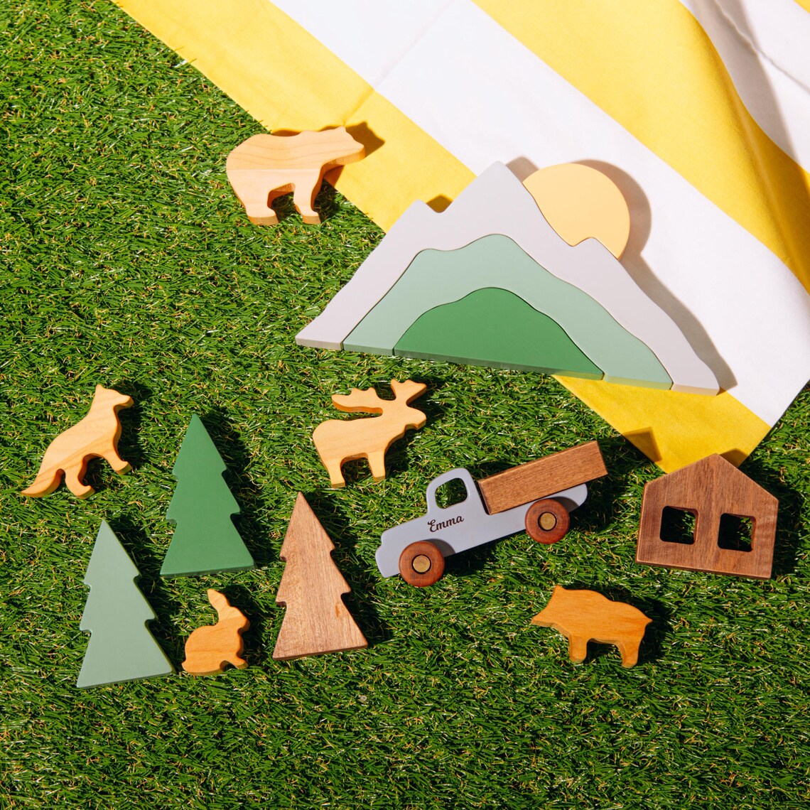 Handmade Wooden Woodland Animal Toys Building Blocks Big Set Unique ...