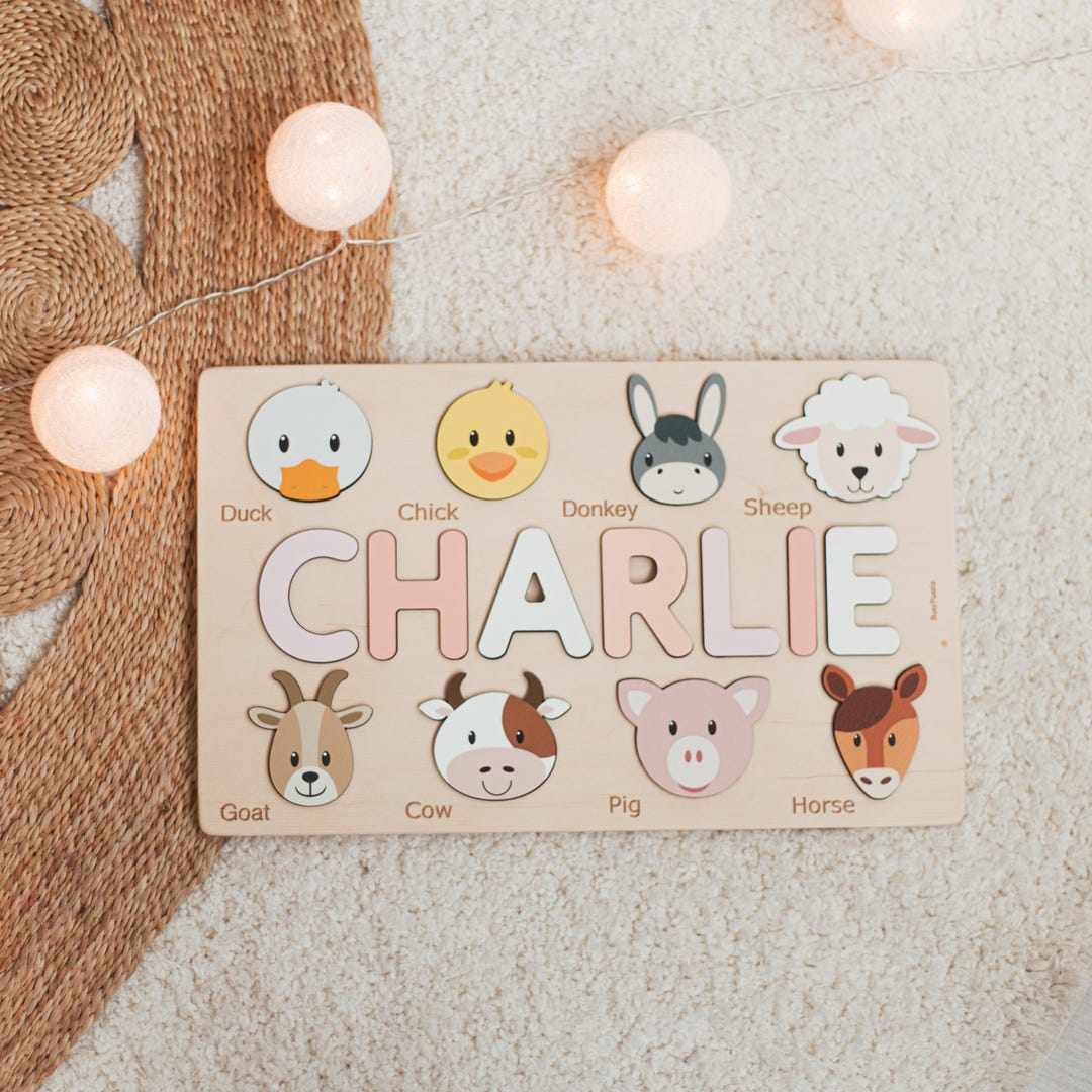 Custom Farm Animals Name Puzzle Toddler Wooden Sensory Toy Farm Nursery ...