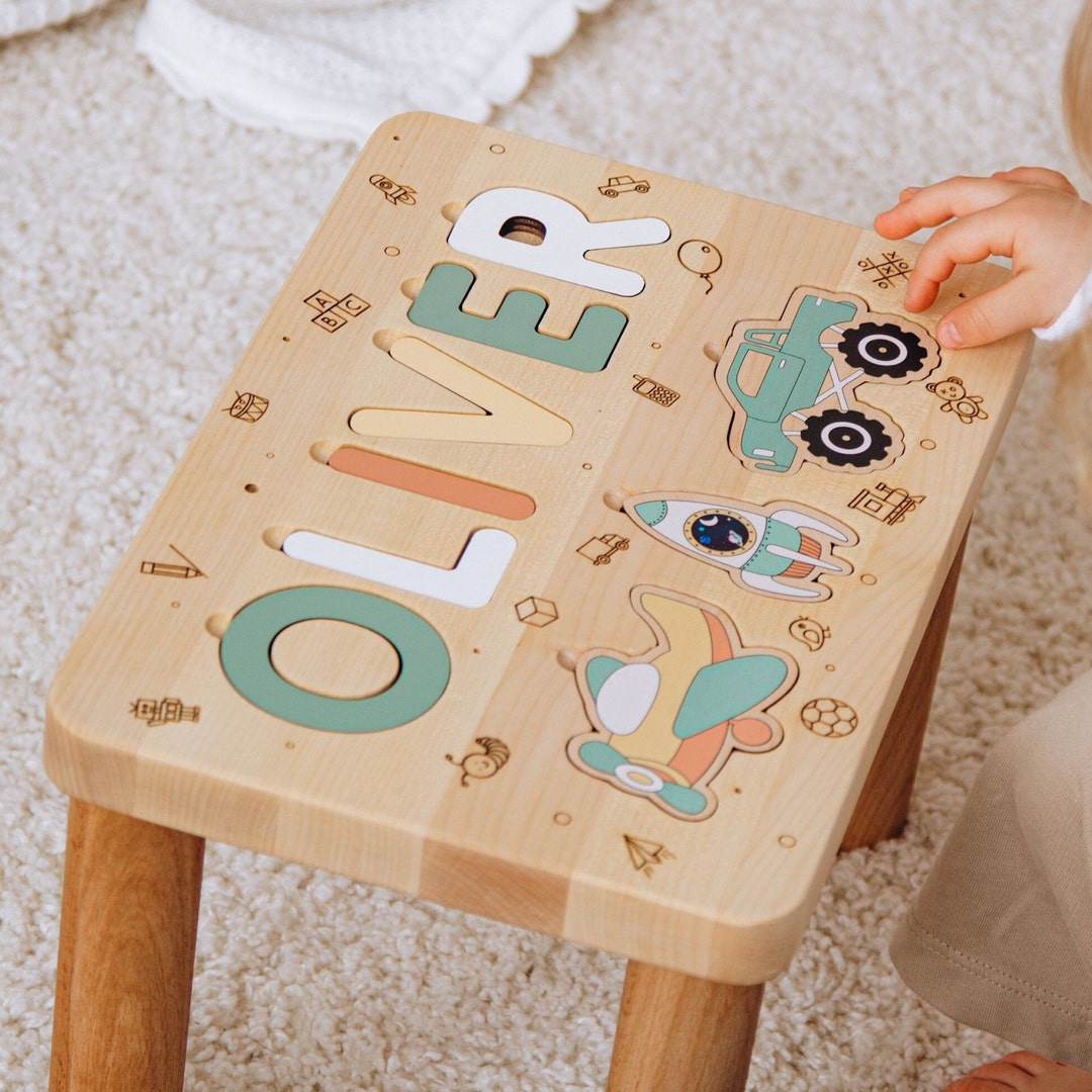 Wooden Name Puzzle Stool Toddler Step Stool 1 2 3 Years Old Custom ...