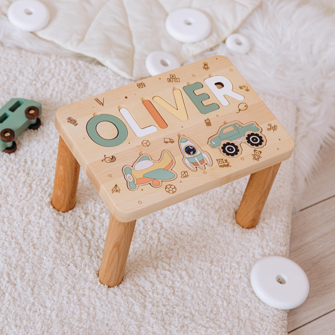 Khaki Step Stool for Kids Wooden Name Puzzle Stool 1 2 3 Years Old Gift ...