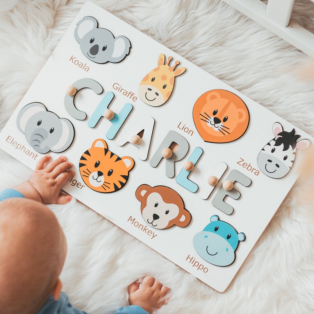 Custom Puzzle Board With Animals Baby Boy Personalized Gift Wooden ...
